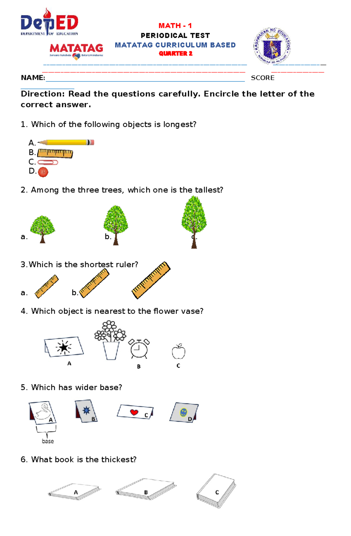 MATH 1 PERIODICAL TEST: MATATAG CURRICULUM Q2 - Studocu