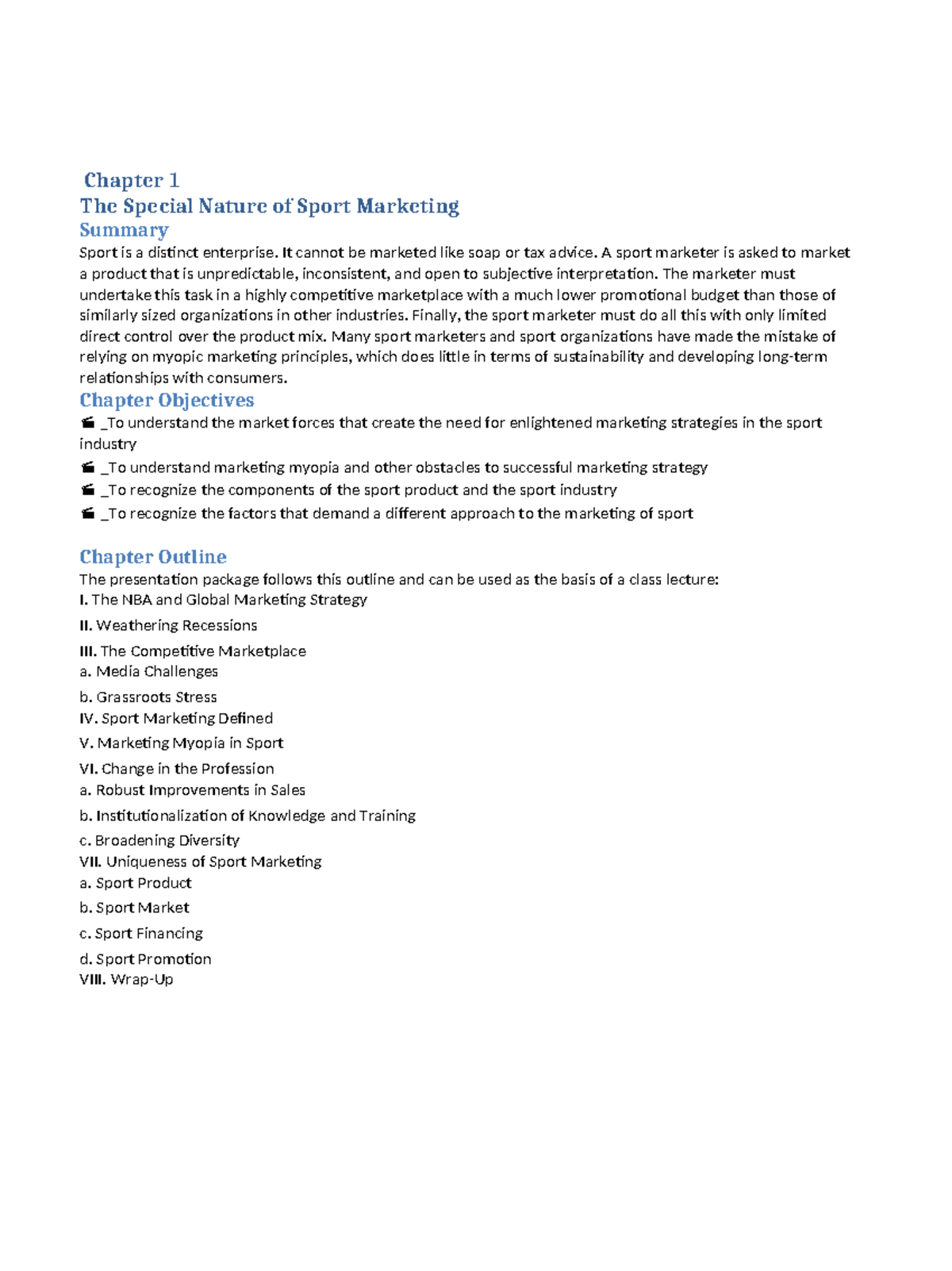 Chapter 1: The Unique Challenges of Sport Marketing - Studocu
