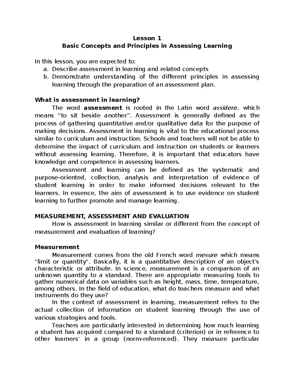 Lesson 1: Basic Concepts & Principles in Assessing Learning (EDU 101) - Studocu