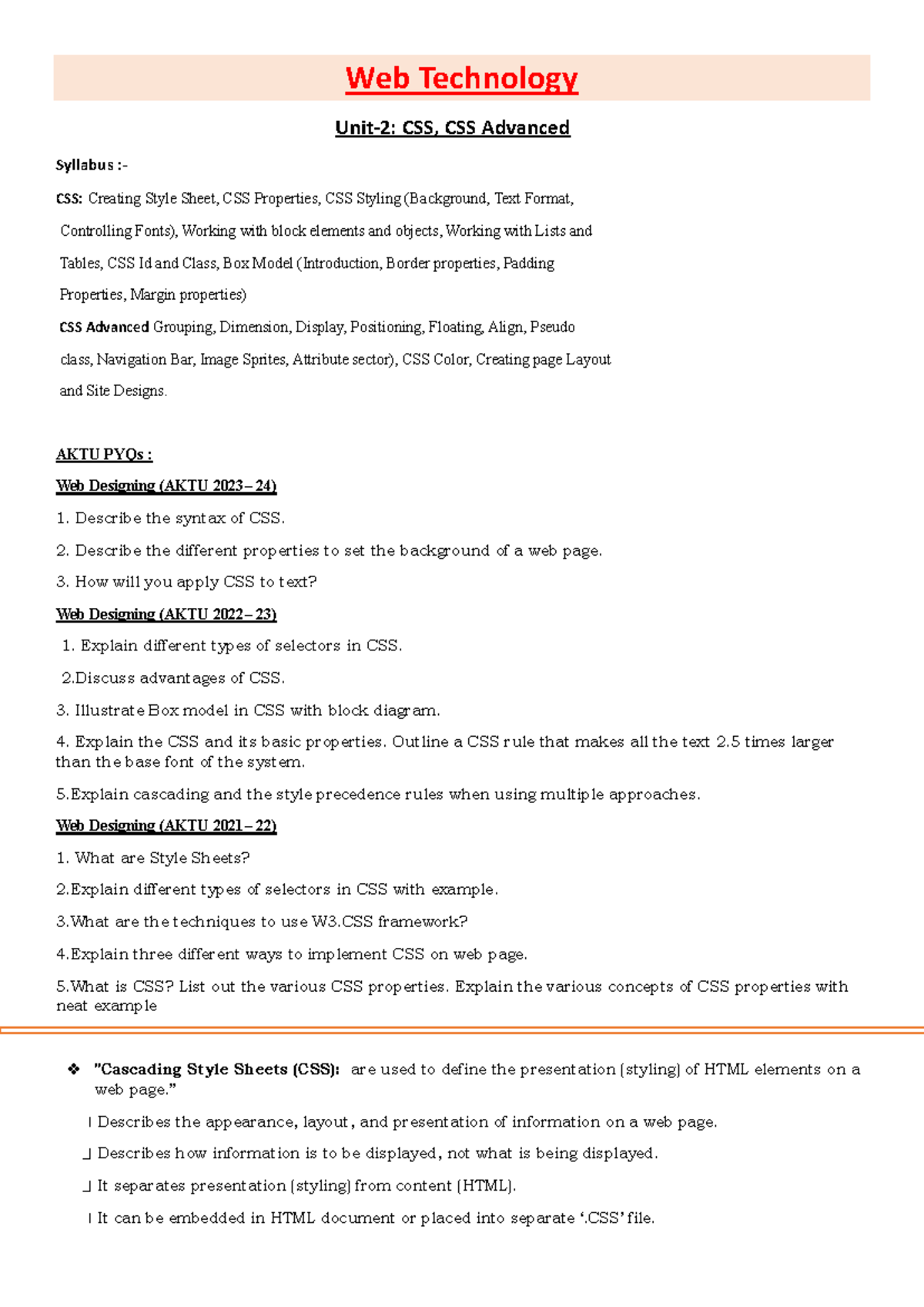 Web Technology unit-2 - unit -2 complete - Web Technology Unit-2: CSS, CSS Advanced Syllabus ...