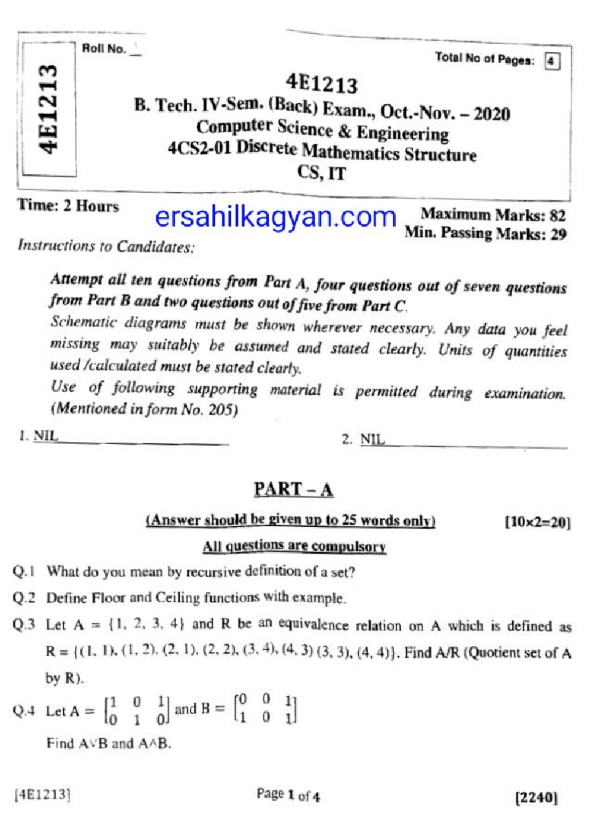 DMS-2020 Discrete Mathematics Exam Paper for B. Tech. CSE Students ...
