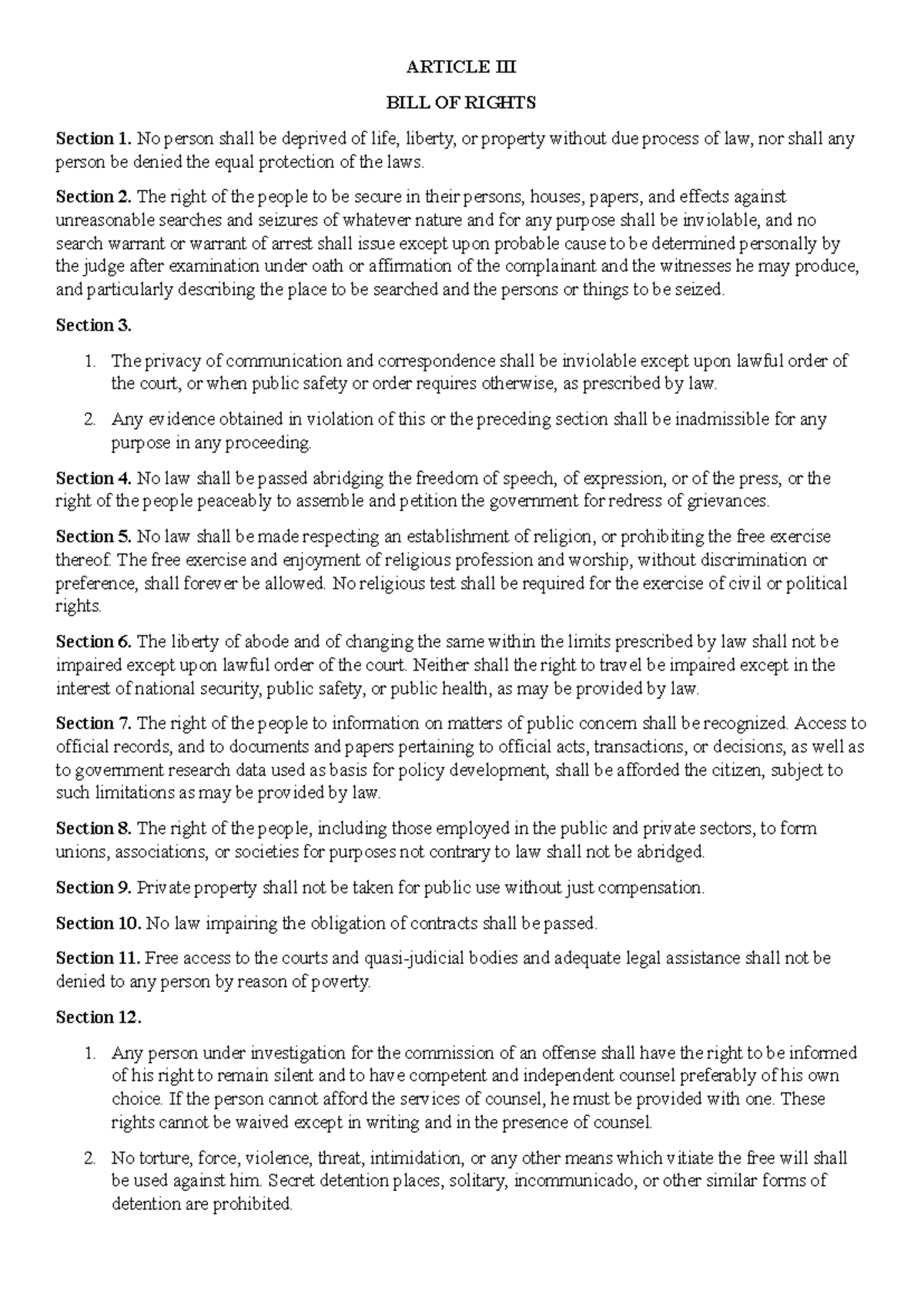 Article III - Bill of Rights and Anti-Torture Act Overview - Studocu