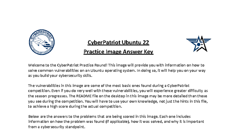 CyberPatriot 678868963 Ubuntu 22 Practice Image Answer Key - Studocu