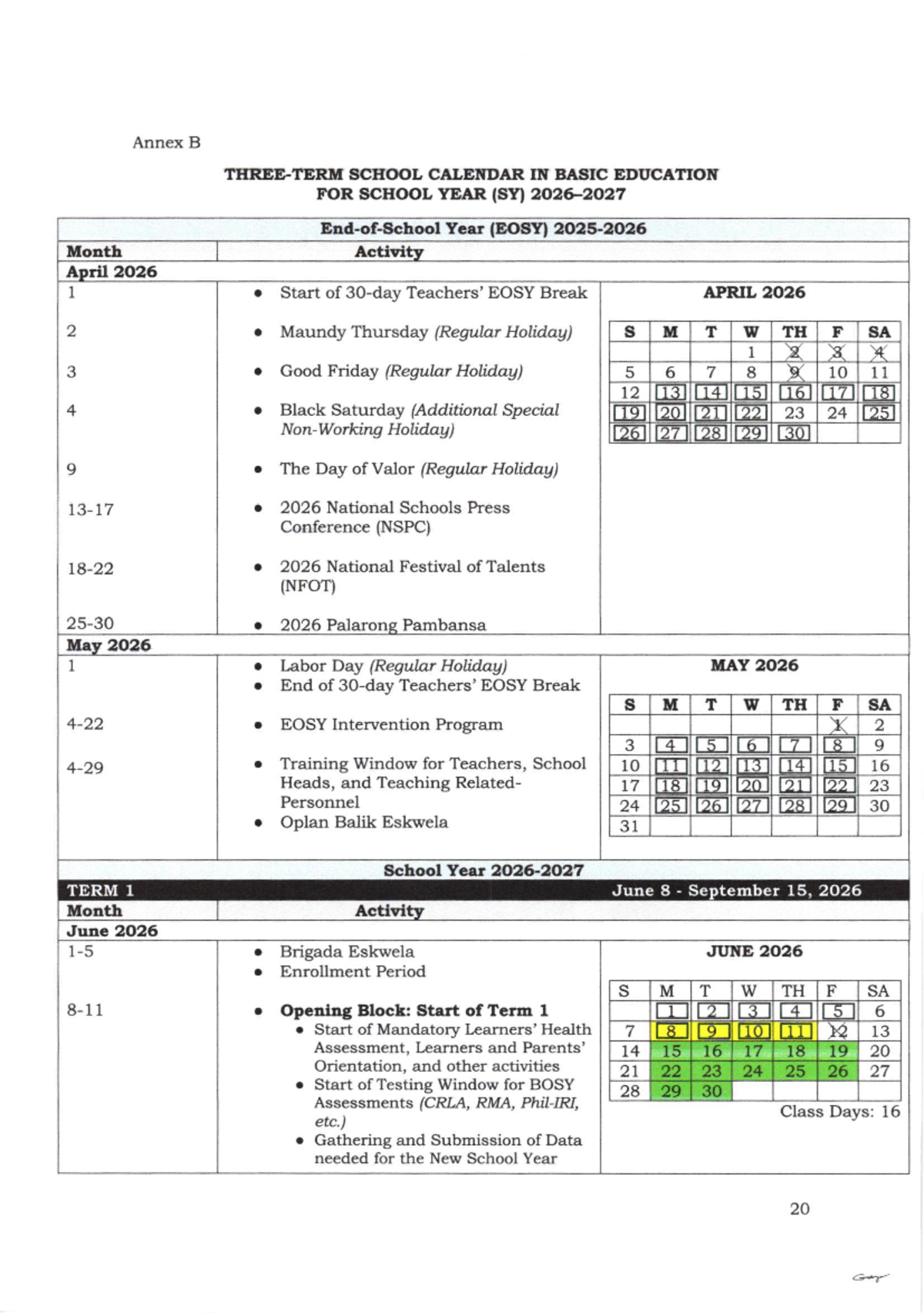 SY 26-27 School Calendar: Key Dates and Activities - Studocu