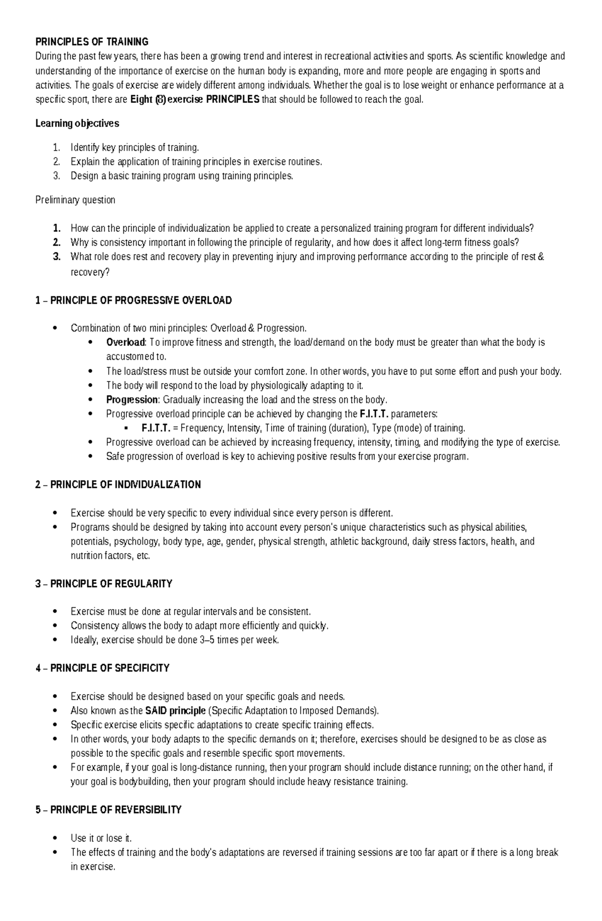 Principles of Training: Key Concepts and Applications in Fitness - Studocu