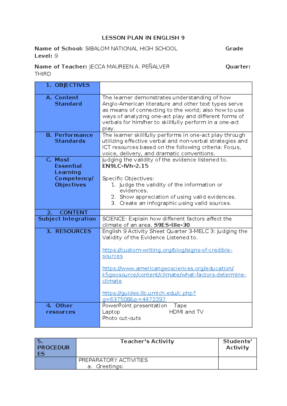 ENGLISH 9 Lesson Plan: Judging Validity of Evidence - 3rd Quarter - Studocu