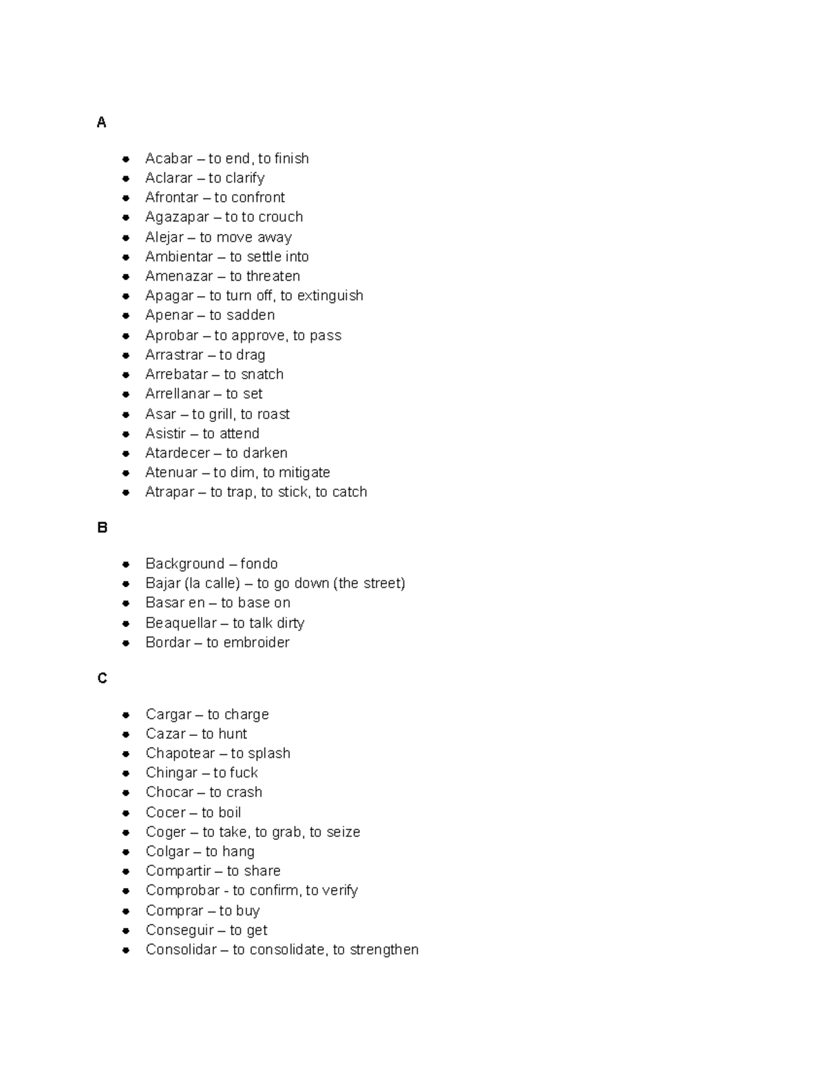 Spanish Vocabulary Notes: Common Verbs and Their Meanings - A Acabar ...