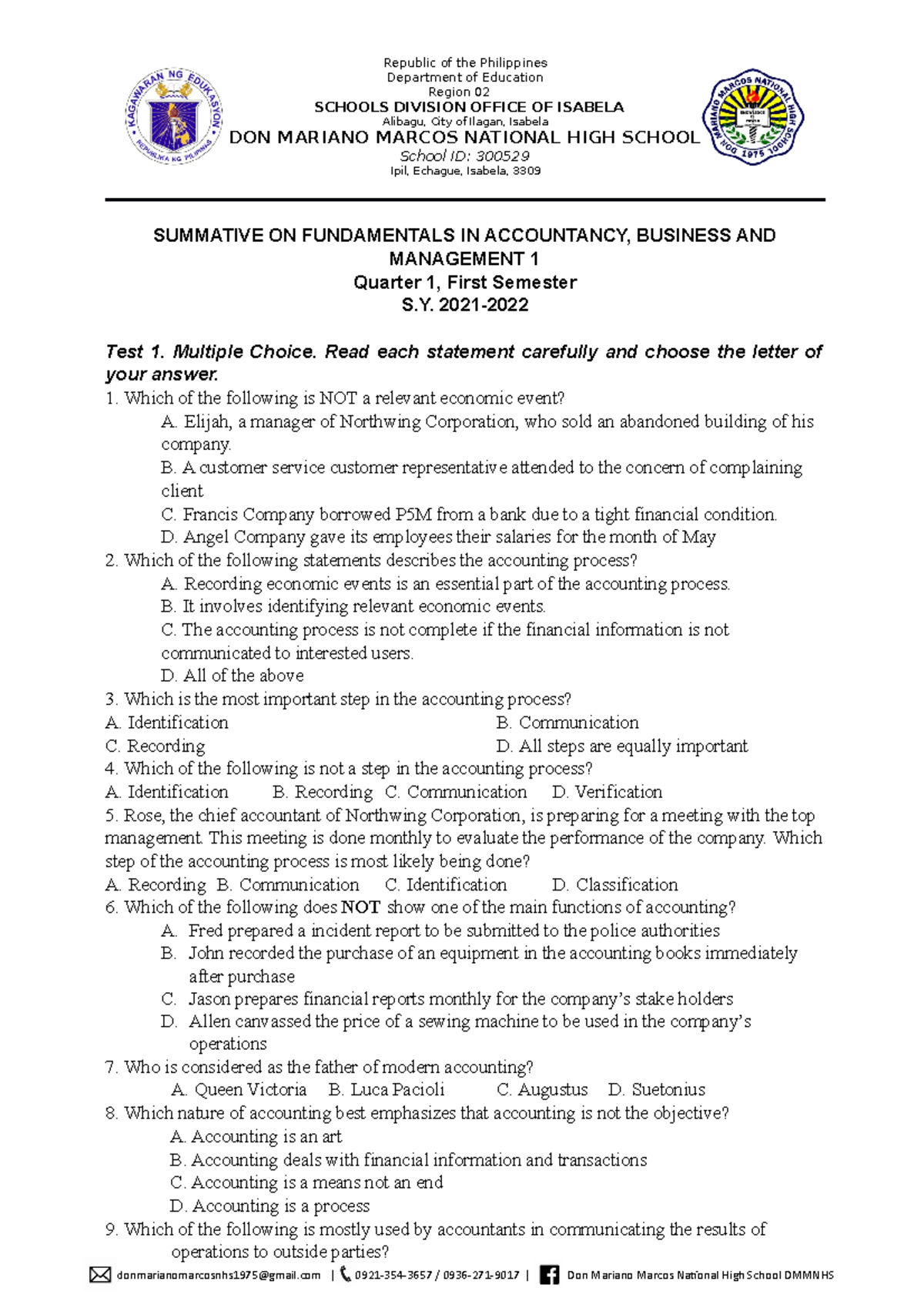 Summative Assessment for FABM1: Fundamentals in Accounting (Q1) - Studocu