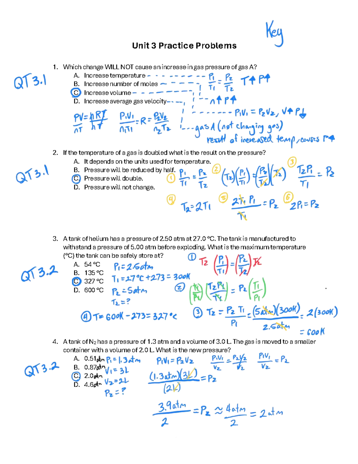 Unit 3 Practice Problems Key: Gas Laws & Intermolecular Forces - Studocu