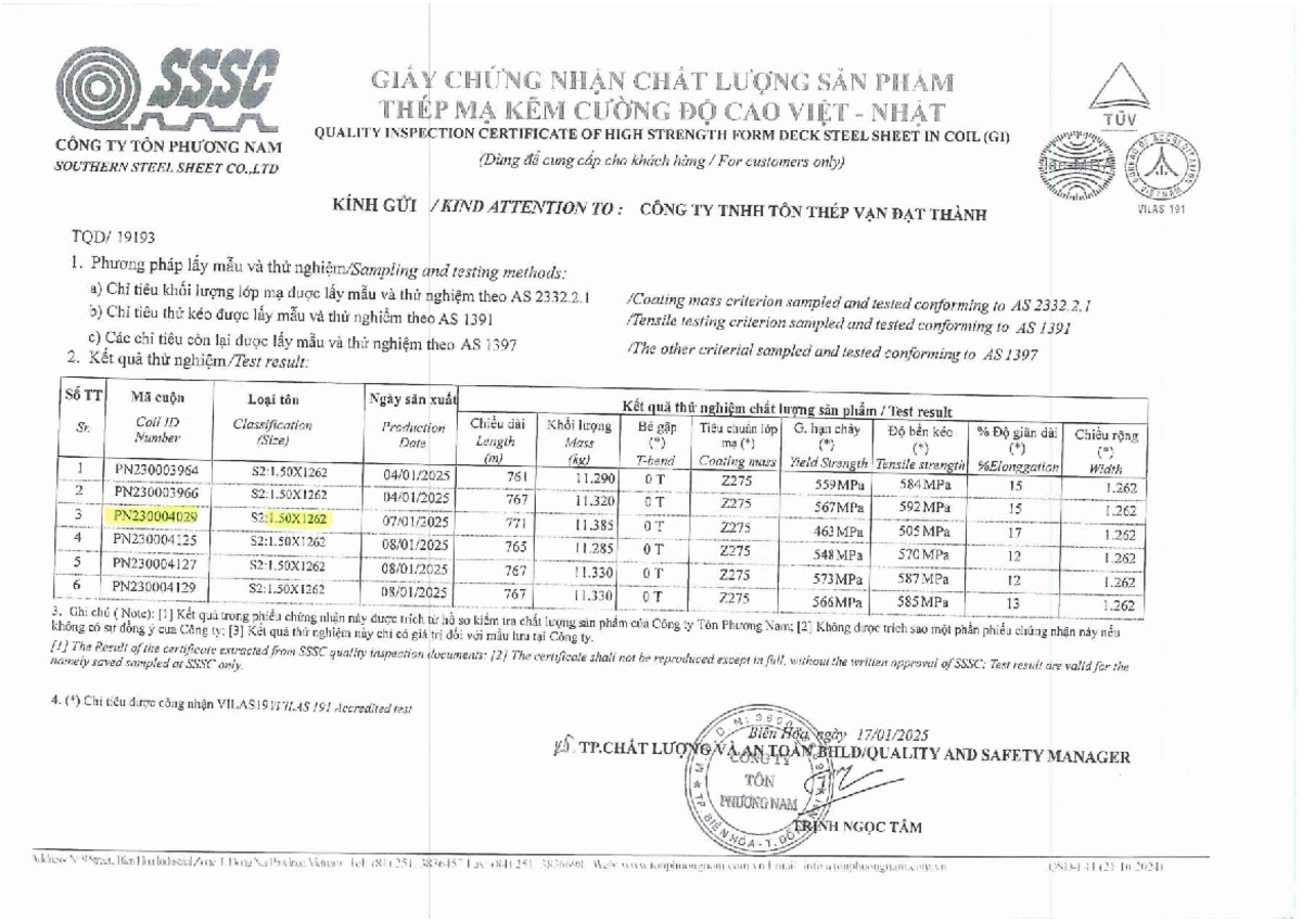 PN230004029 SSSC Z275 - Quality Inspection Certificate Overview - Studocu