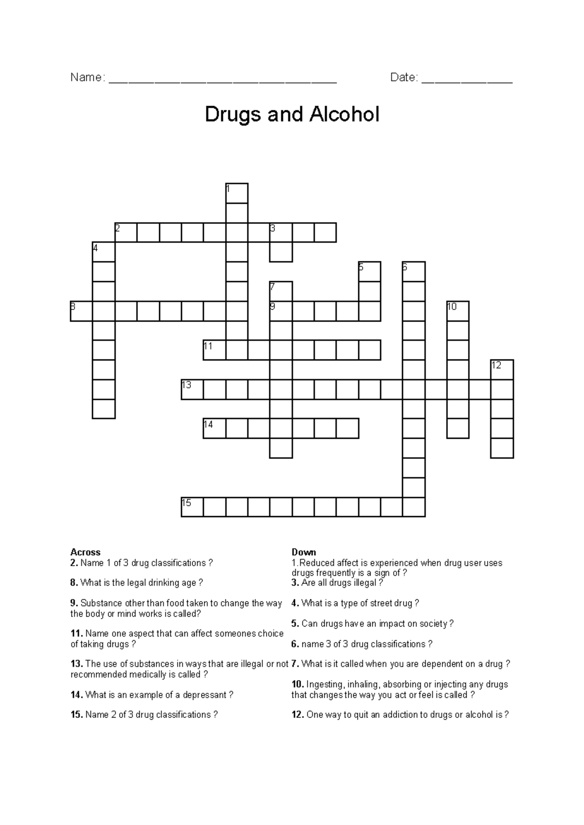 Drugs and Alcohol Crossword Puzzle for Study and Review - Studocu