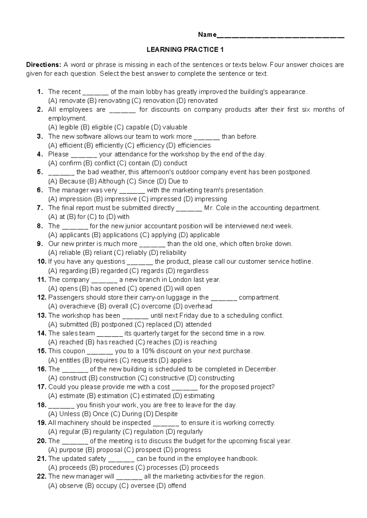 LEARNING PRACTICE 1: Fill in the Blanks Exercise - Studocu