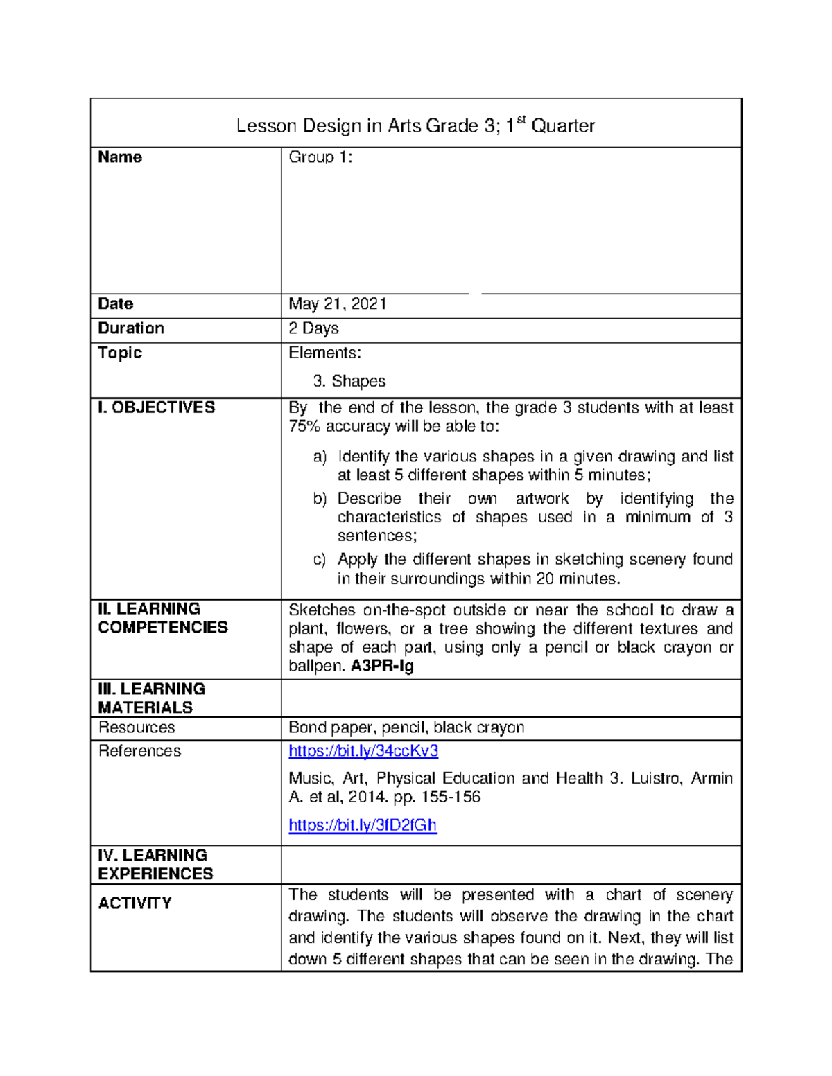 ARTS LP - Grade 3 Lesson Plan on Identifying and Sketching Shapes - Studocu