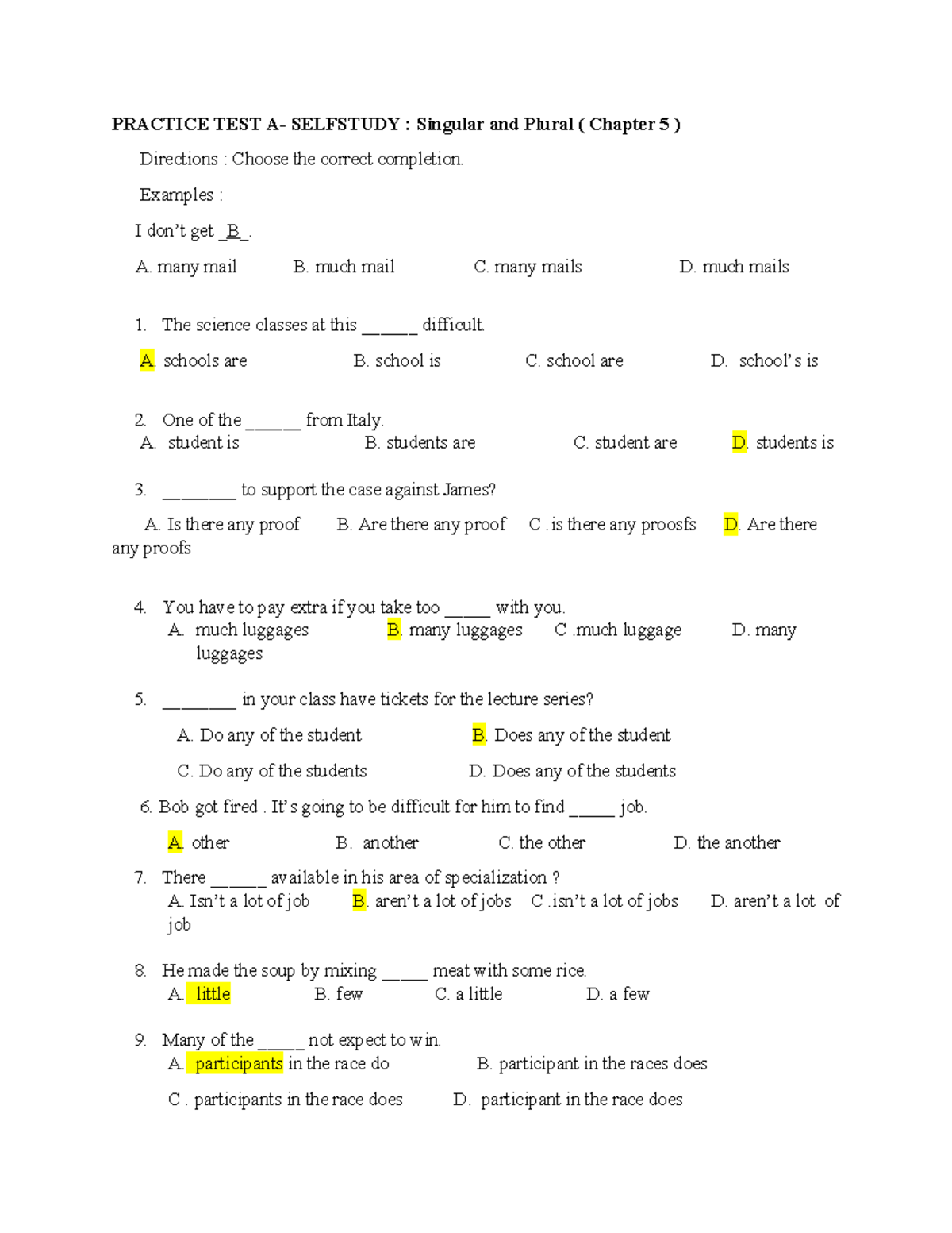 PRACTICE TEST: Singular and Plural (Chapter 5) - 40 Sentences - Studocu