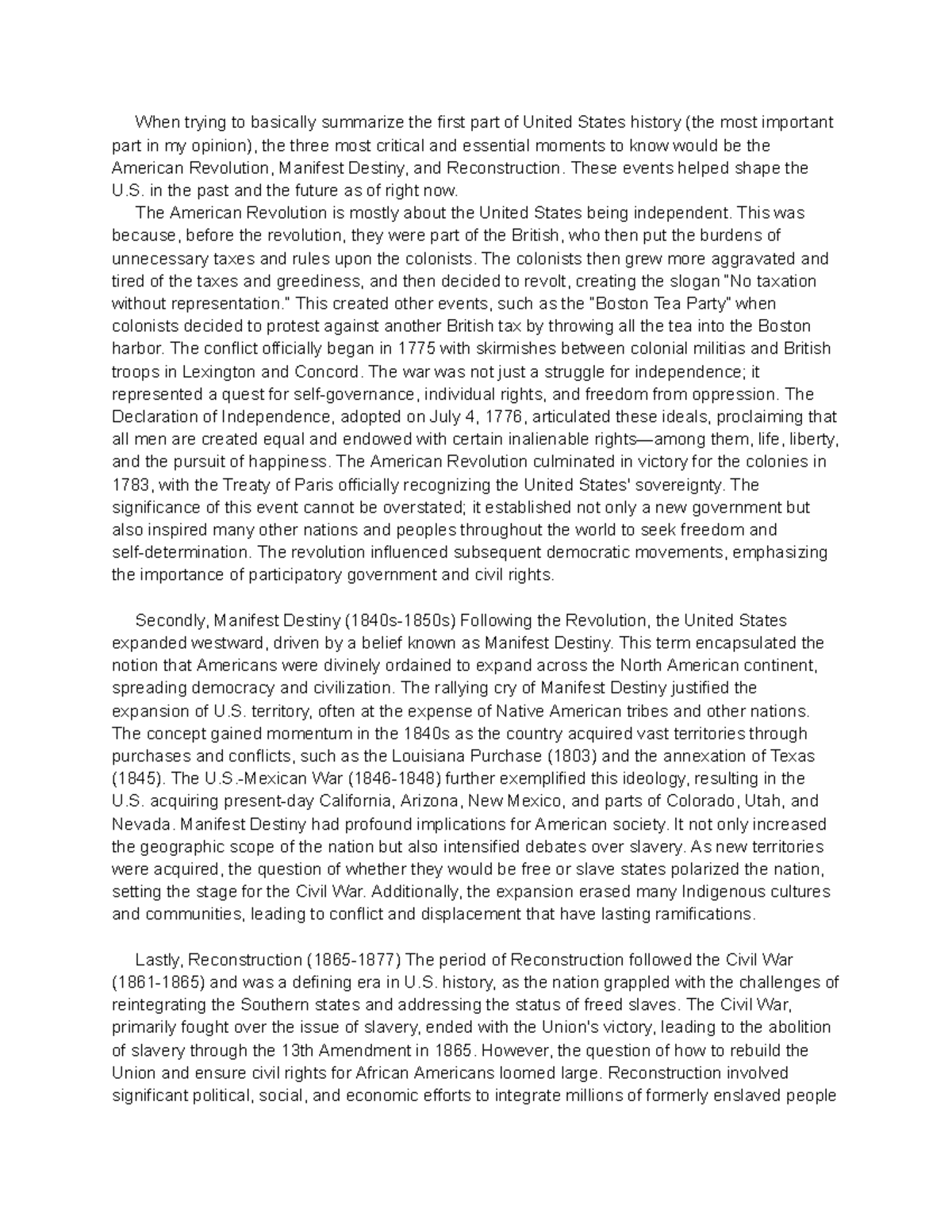 US History Key Events: Revolution, Manifest Destiny, Reconstruction ...