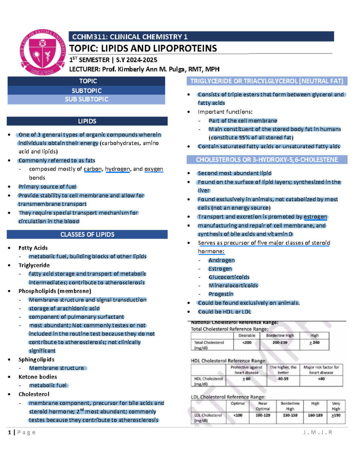 CCHM311: Clinical Chemistry 1 - Lipids and Lipoproteins Notes - Studocu