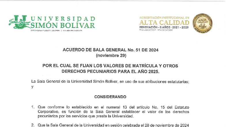 Resolución 015867: Valores de Matrícula 2025 - Universidad Simón ...