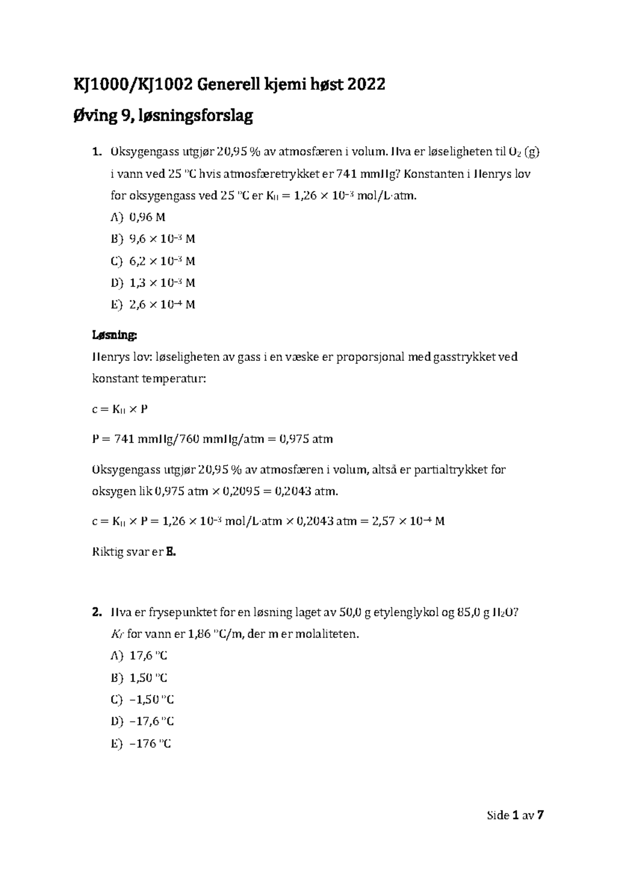 KJ1000-Øving 9 LF-2022 - KJ 1000 /KJ 1002 Generell kjemi høst 2022 ...