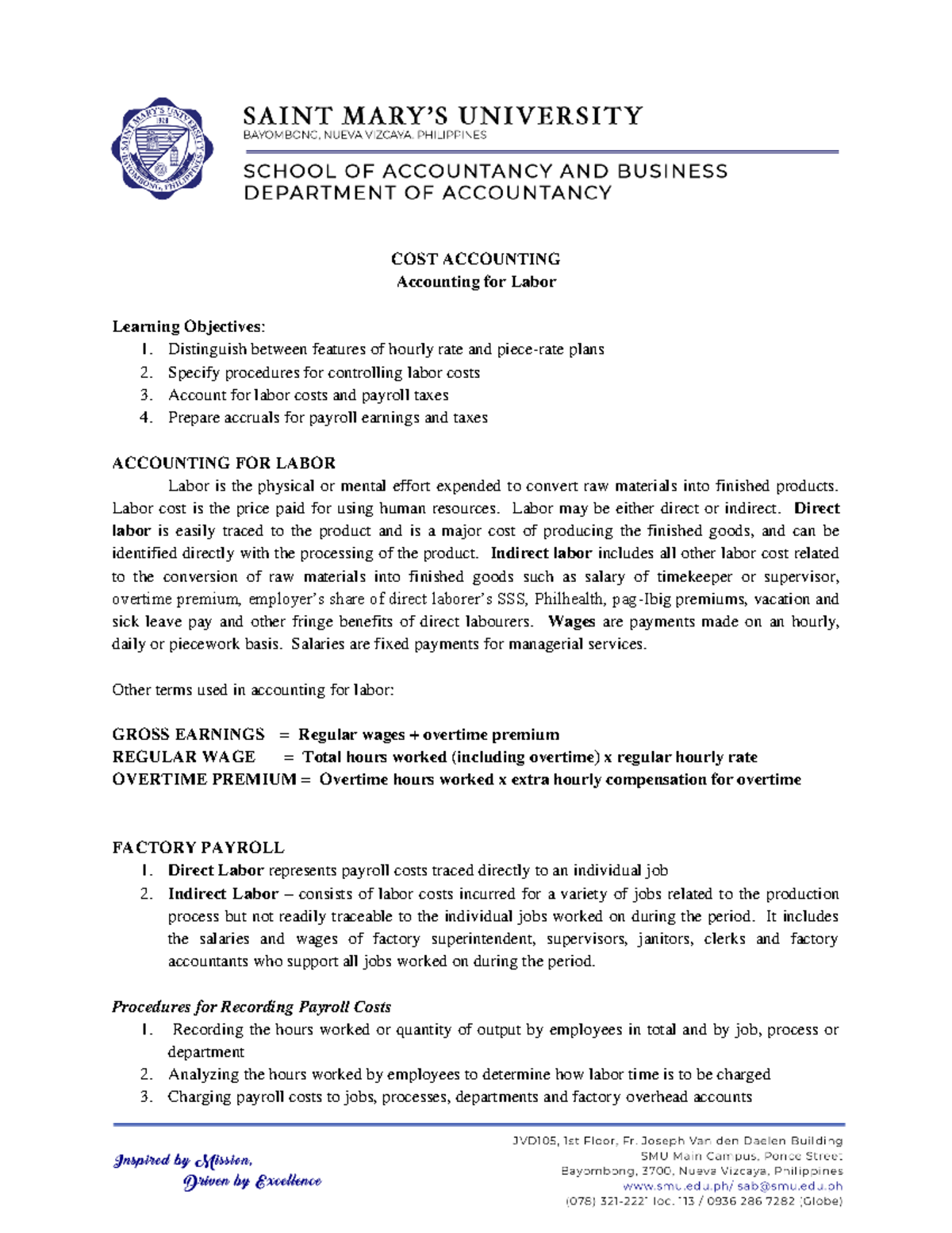 Accounting for Labor - COST ACCOUNTING Accounting for Labor Learning ...