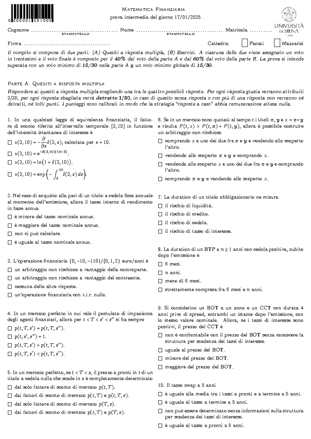 Matematica Finanziaria - Prova Intermedia (Cod. 0) - Studocu