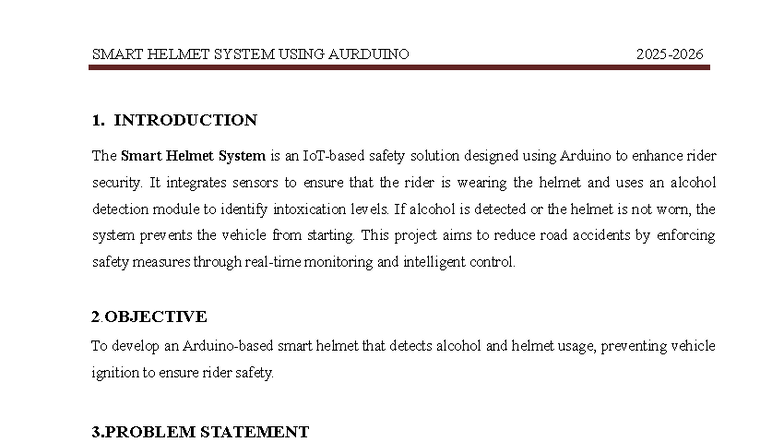 SMART HELMET SYSTEM USING ARDUINO: A Safety Solution Report - Studocu