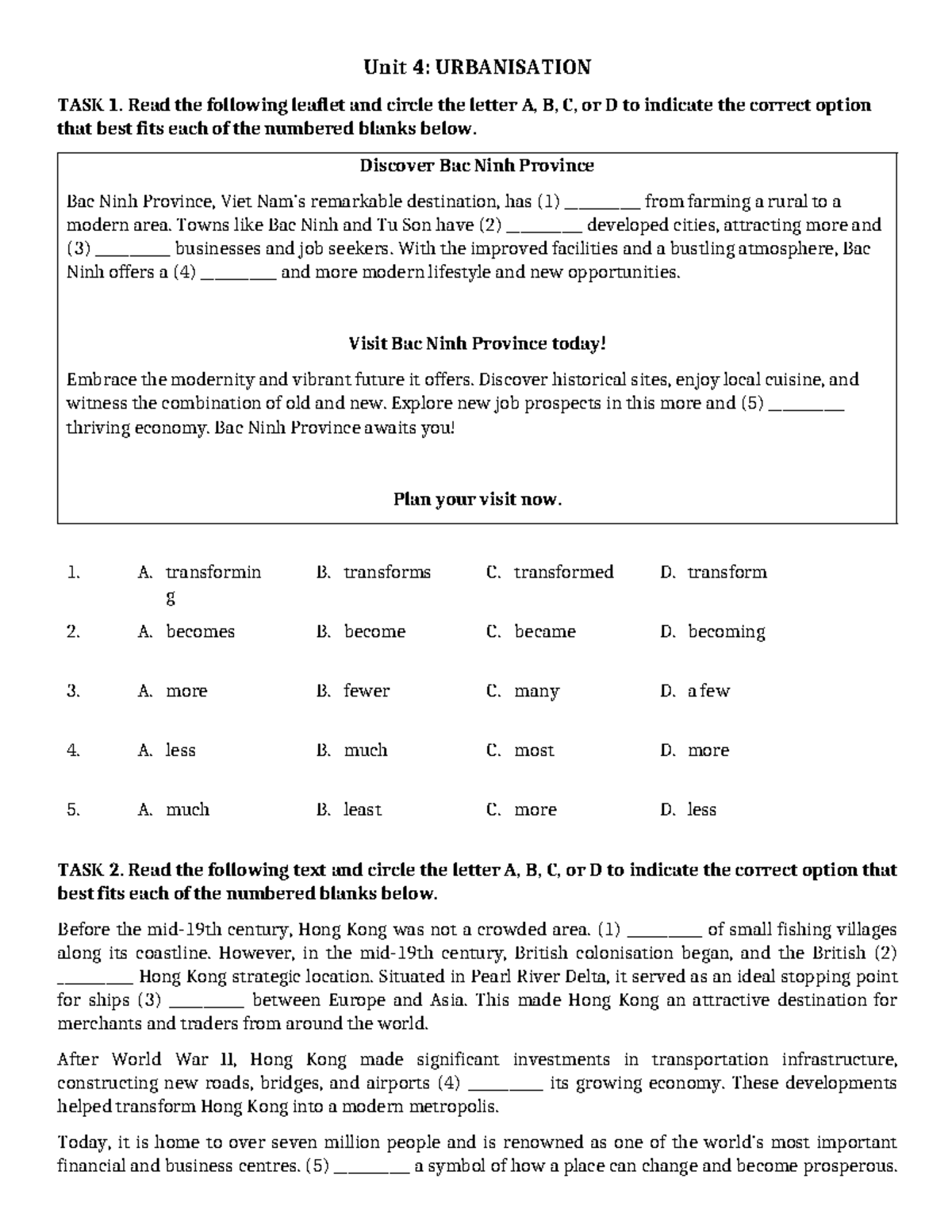 Unit 4: Urbanisation Exercises & Answer Key (DẠNG BÀI TẬP MỚI) - Studocu