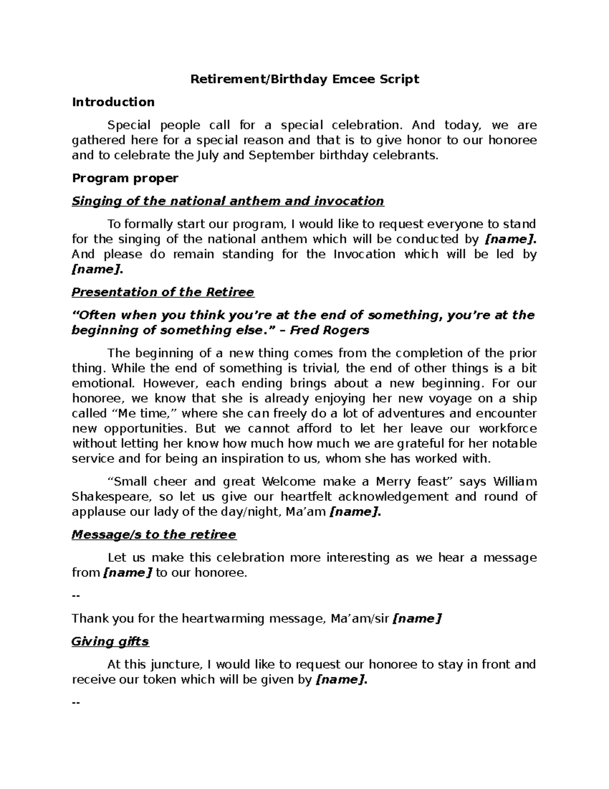Retirement/Birthday Emcee Script for Celebrating Honorees - Studocu