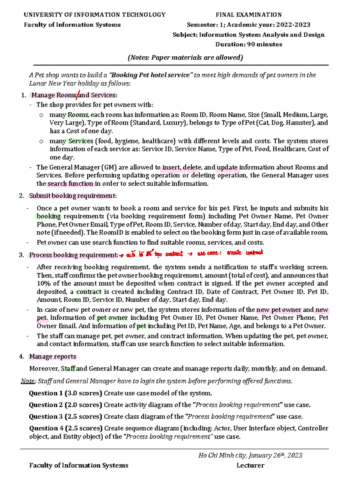 Final Exam: Information System Analysis and Design (IT101) - Pet Hotel ...