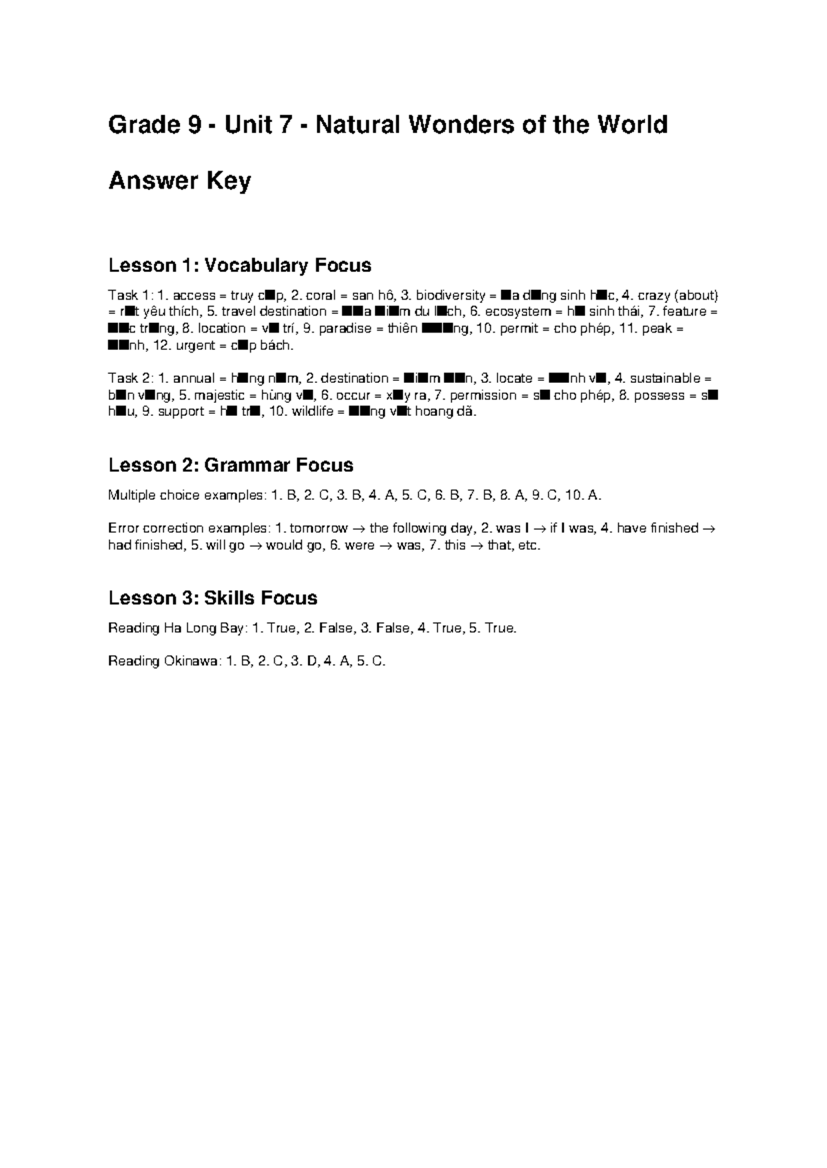 Grade 9 Unit 7 Natural Wonders of the World Answer Key - Studocu