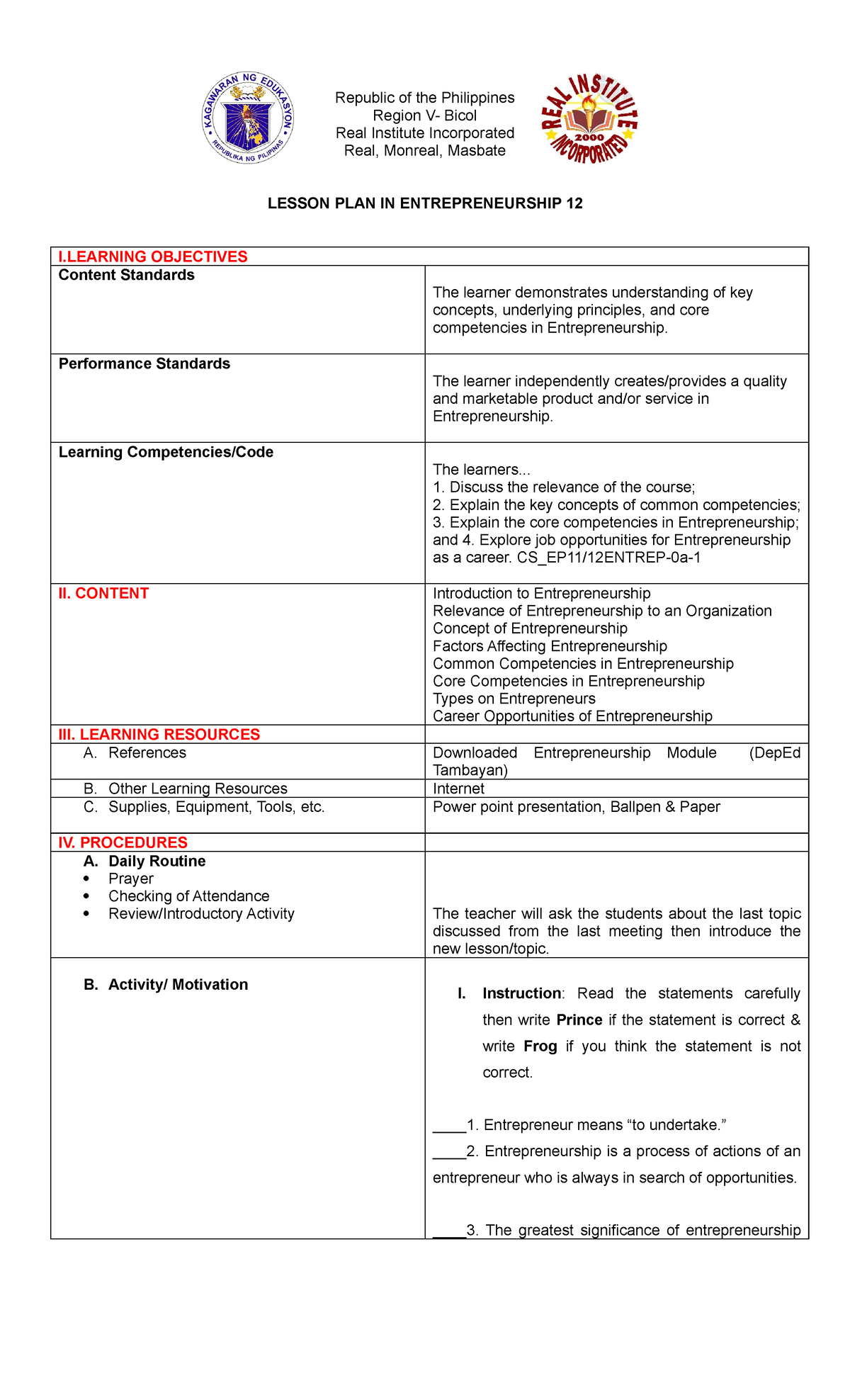 Lesson PLAN IN Entrepreneurship - Republic of the Philippines Region V ...