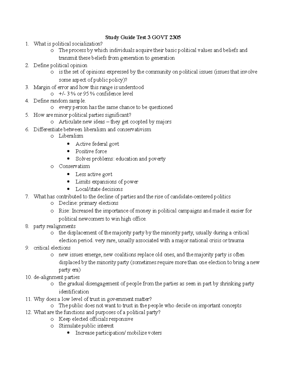 Test 2 study guide federal government - Study Guide Test 3 GOVT 2305 1 ...