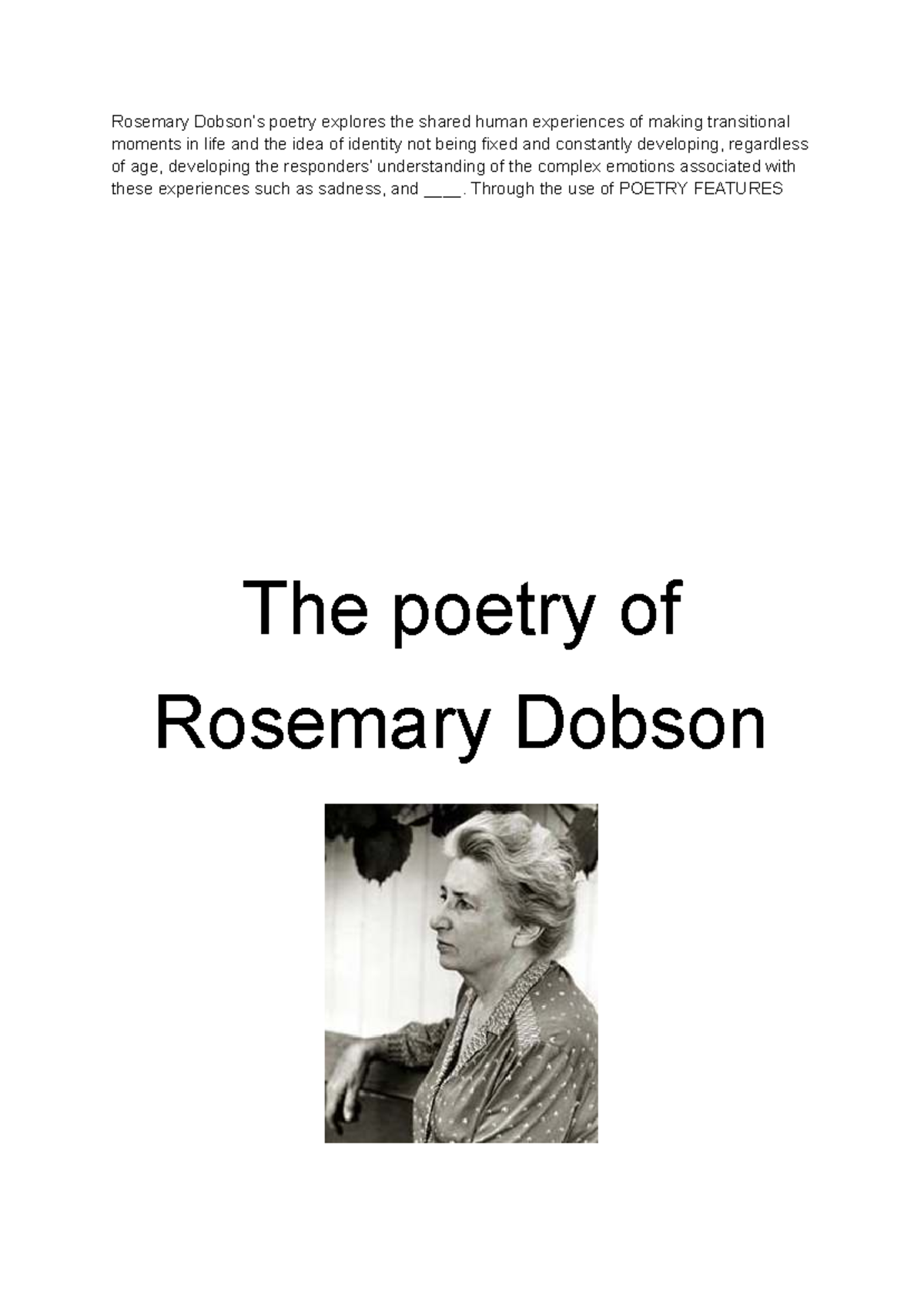 Rosemary Dobson's Poetry: Exploring Identity & Transition - Studocu