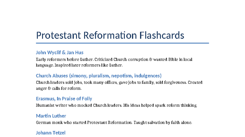 Protestant Reformation Flashcards: Key Figures & Events Overview - Studocu