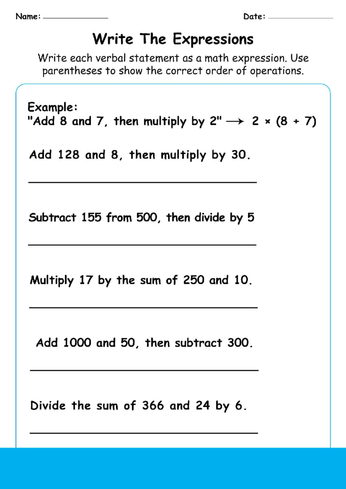 Writing Expressions Using Order of Operations - 5th Grade Worksheet ...