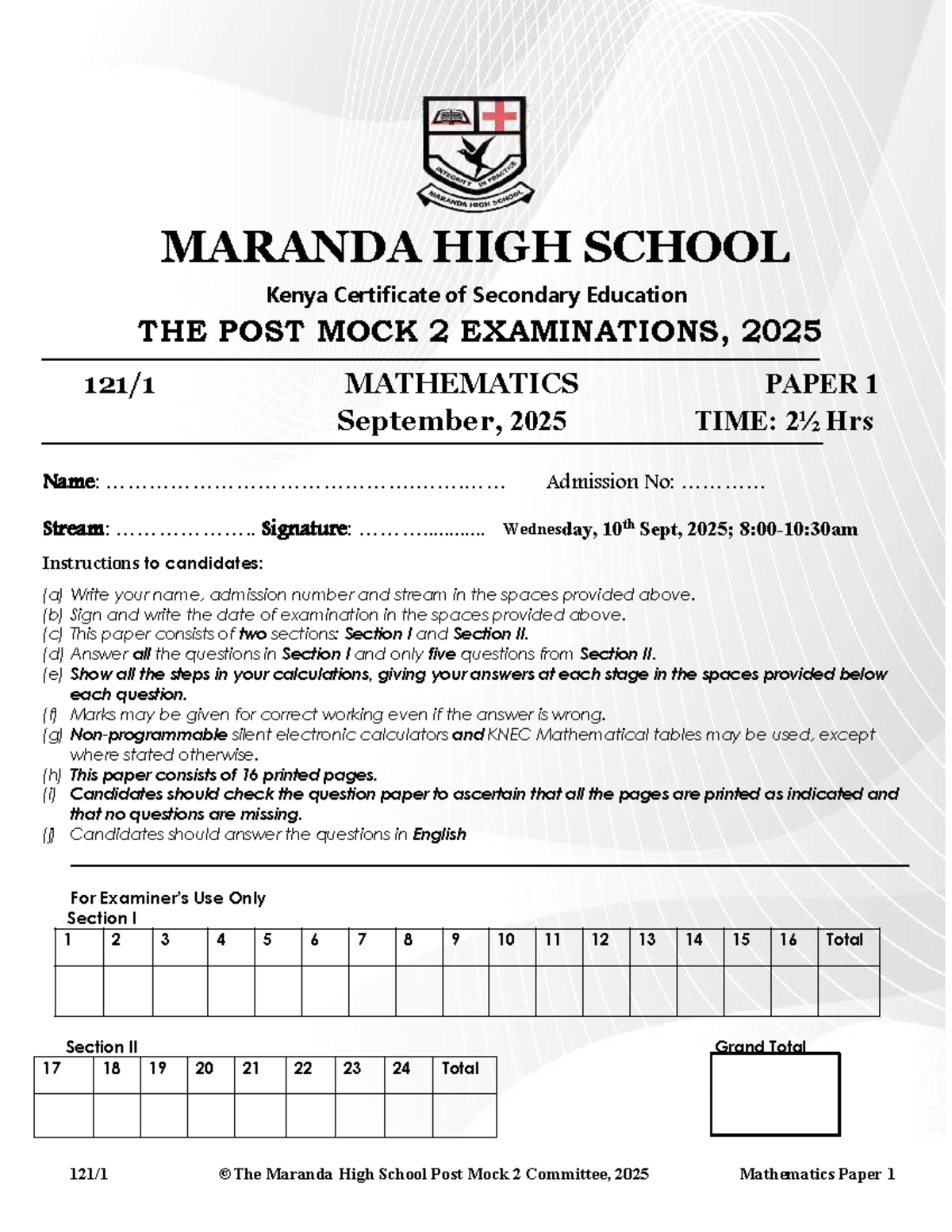 Mathematics Paper 1: Maranda High School Post Mock 2 Exam, 2025 - Studocu