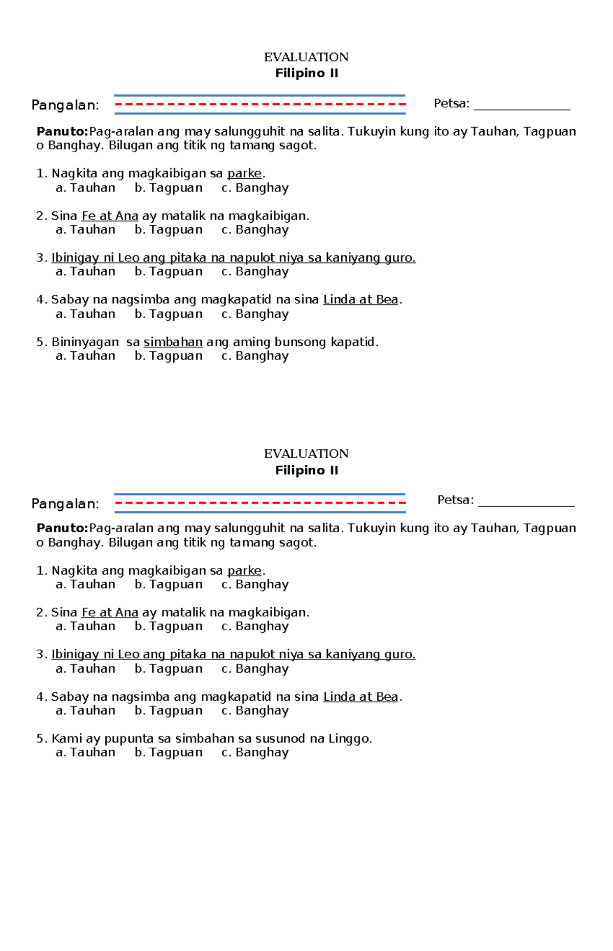 FIL2 Q2 Evaluation: Mga Elemento ng Kuwento - Tauhan, Tagpuan, Banghay ...