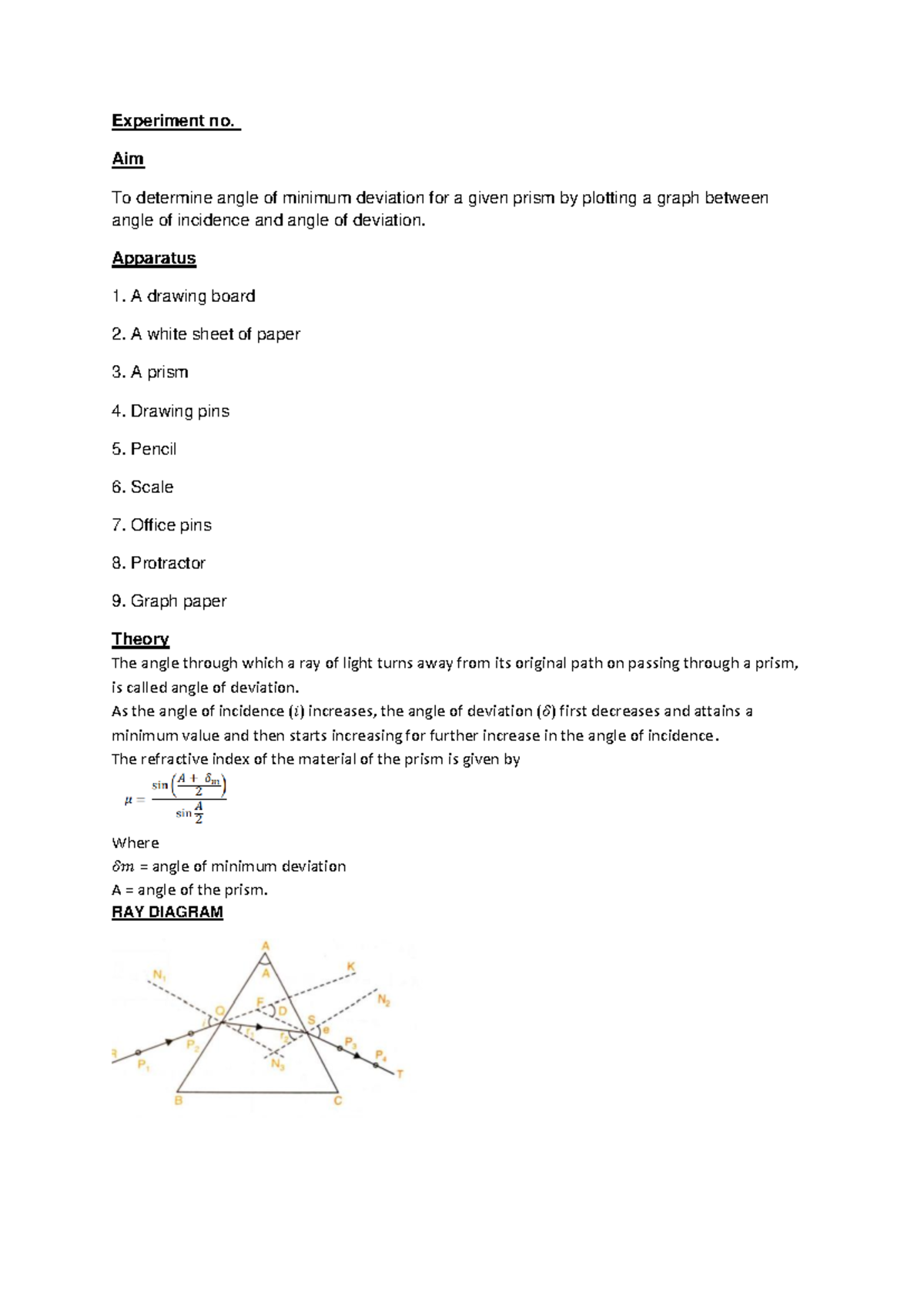 Experiment No. 7: Angle of Minimum Deviation for a Prism - Studocu