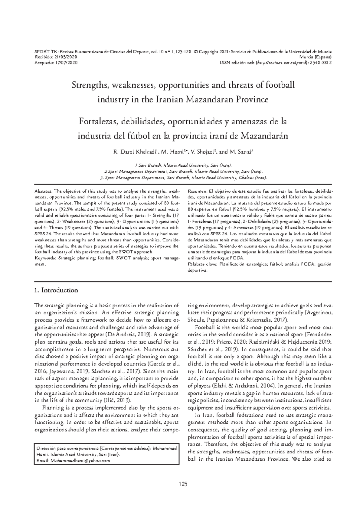 SWOT Analysis of the Football Industry in Mazandaran Province (461811 ...