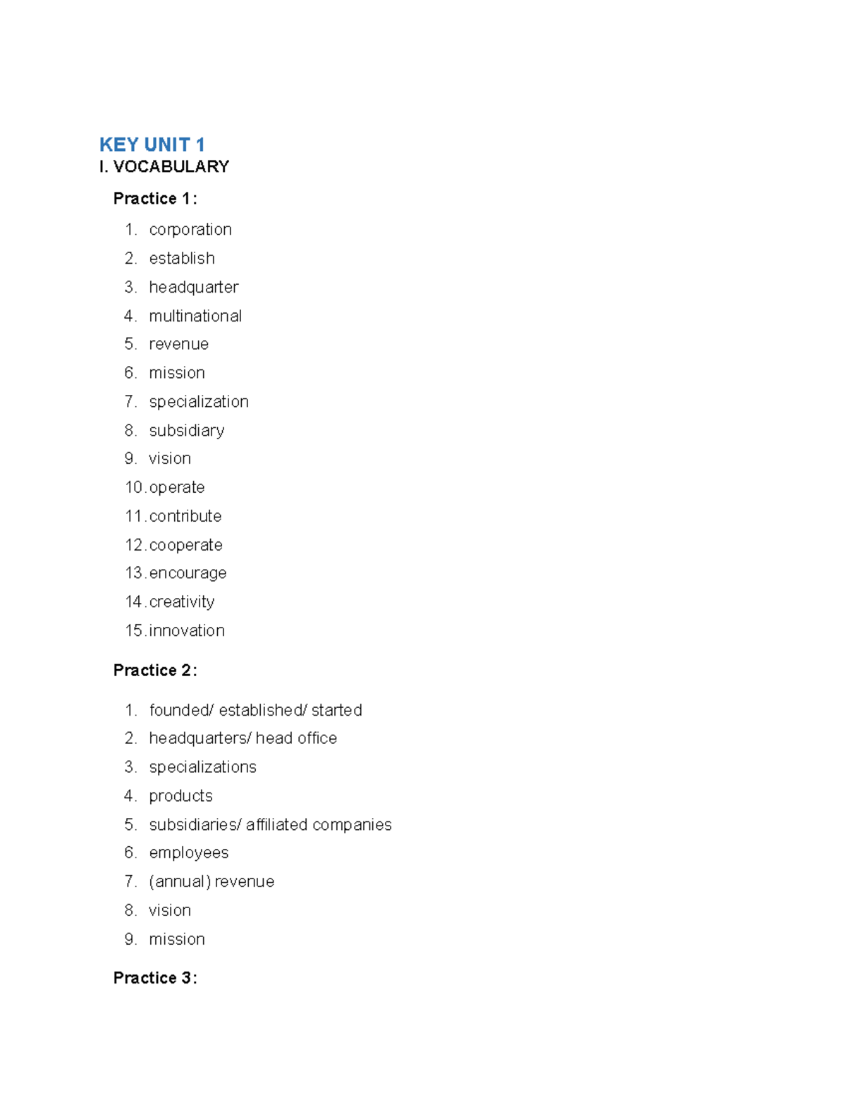 KEY Handout for Teacher HP5: Units 1-4 Vocabulary & Grammar - Studocu