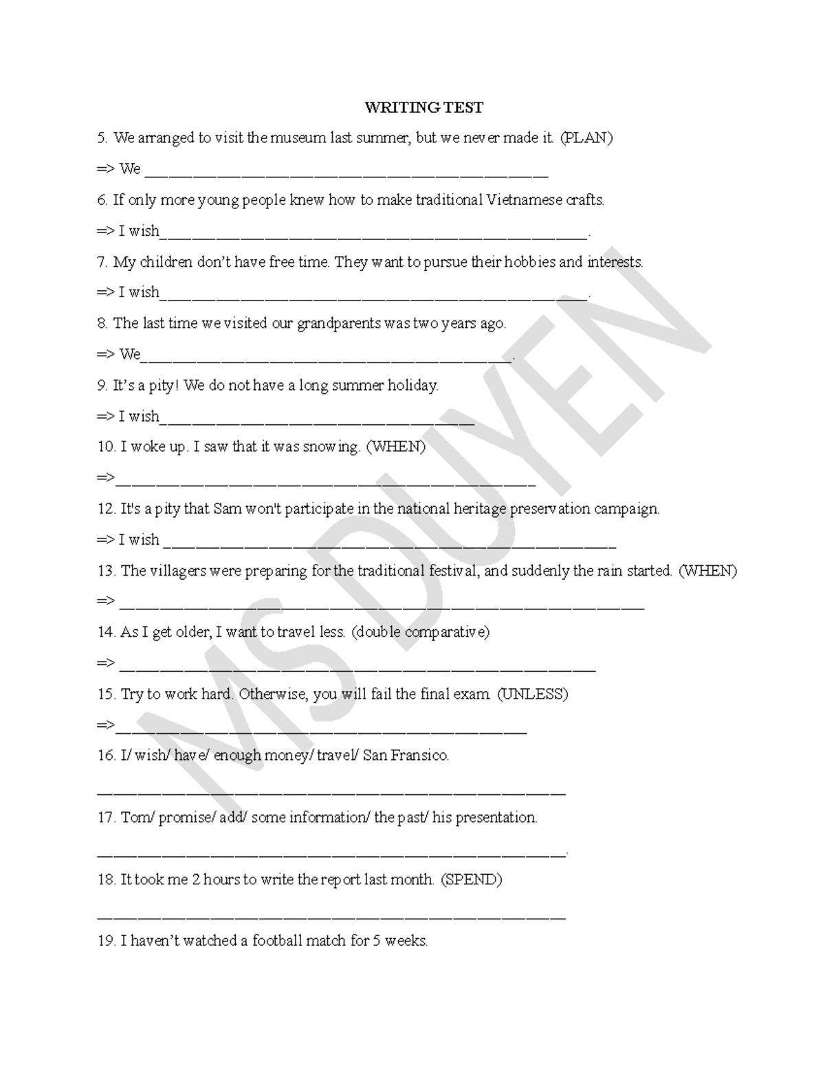 Writing Test 5: Practice Exercises and Sentence Structures - Studocu