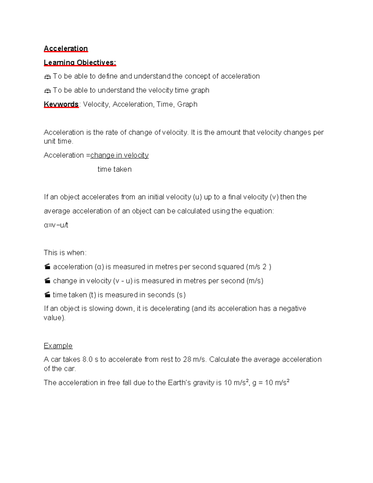 Acceleration Concepts and Velocity-Time Graphs: Learning Objectives - Studocu