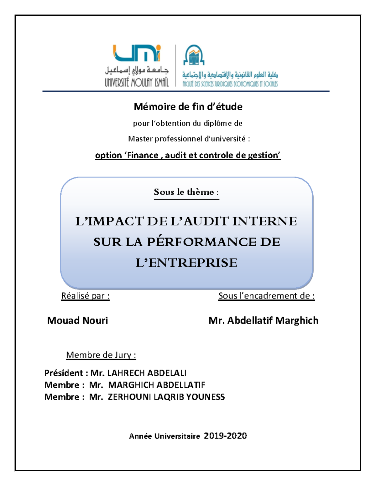 Impact de l'Audit Interne sur la Performance de l'Entreprise - Mémoire Master - Studocu