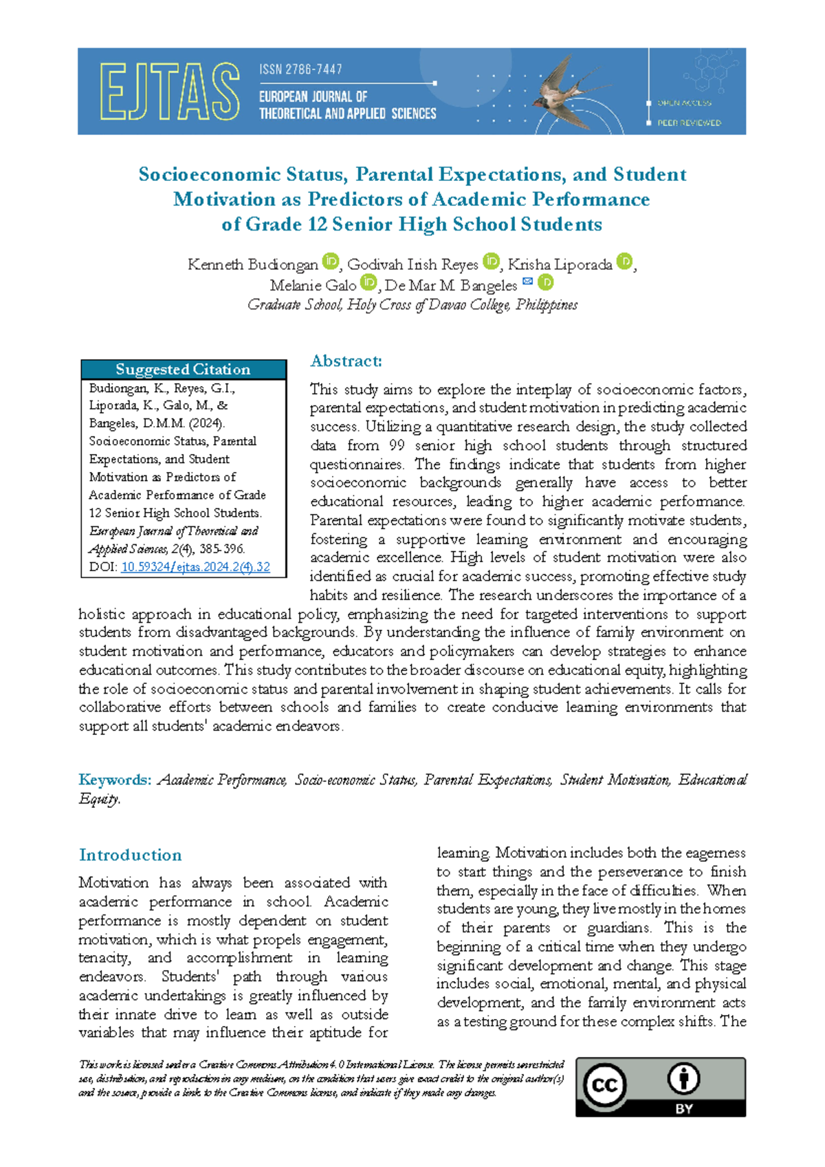 "Socioeconomic Status, Parental Expectations & Motivation: Predictors ...