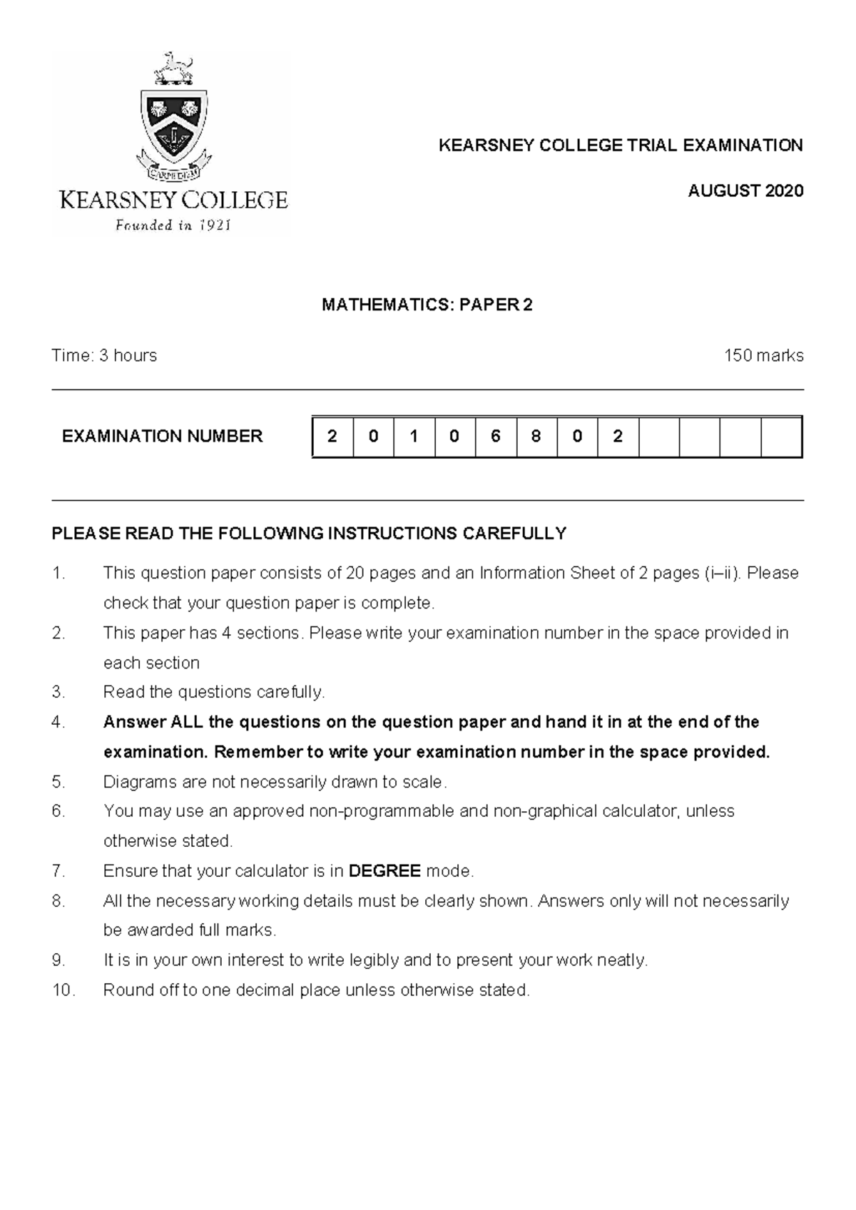 Grade 12 Mathematics Trials Exam Paper 2 - Kearsney College 2020 - Studocu