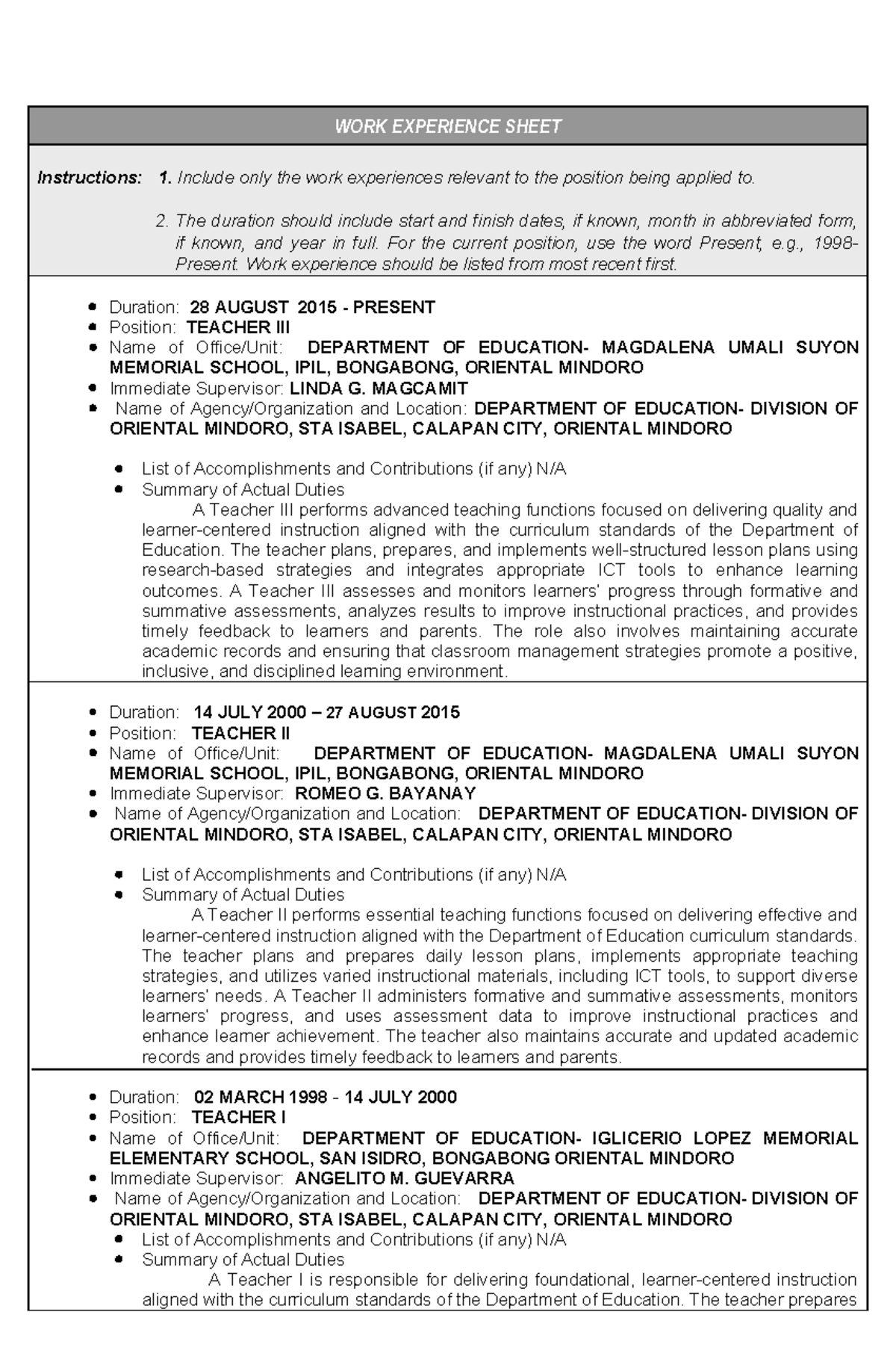 WORK EXPERIENCE SHEET: TEACHING POSITIONS & DUTIES - Studocu