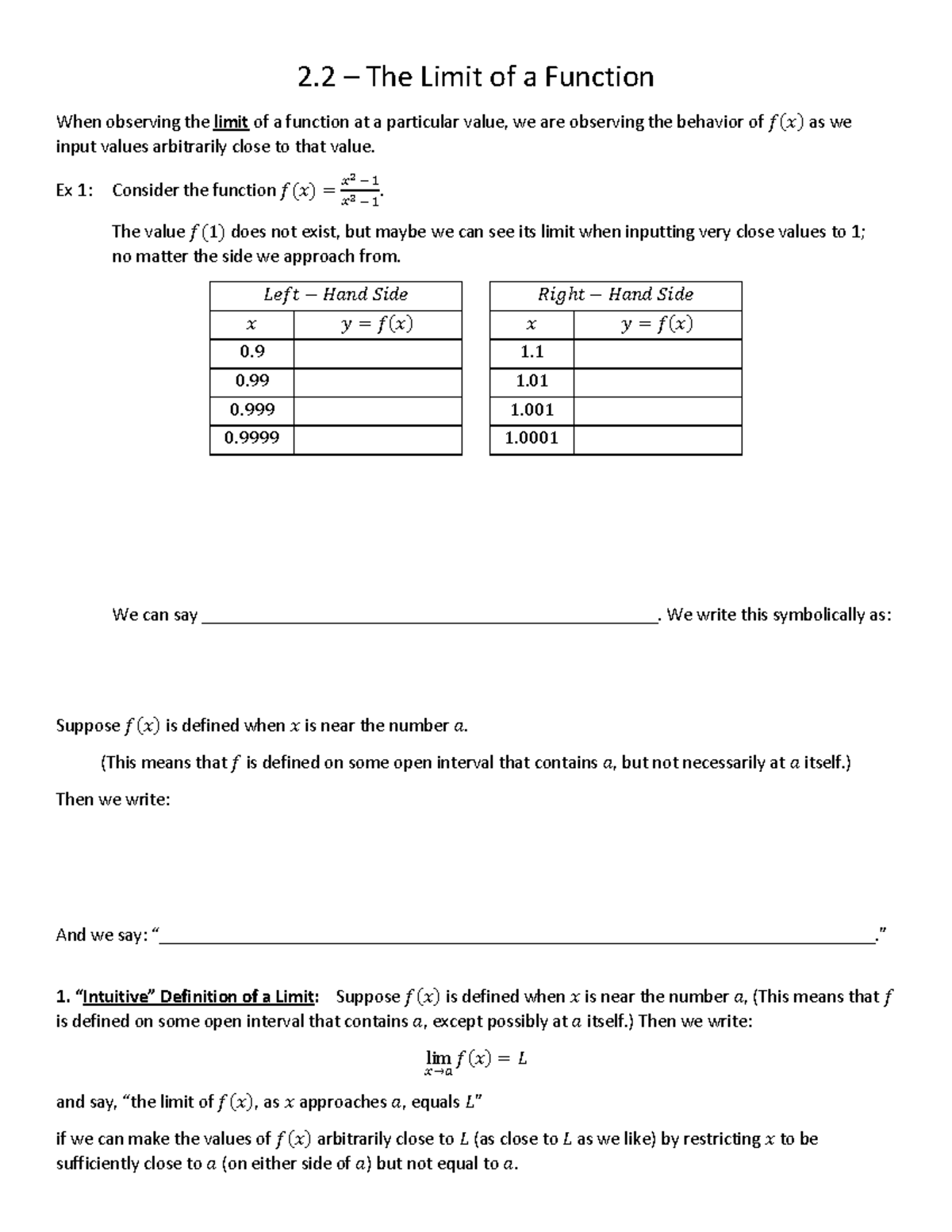 Intuitive Limits and One-Sided Limits in Math Analysis (MATH 2.2) - Studocu