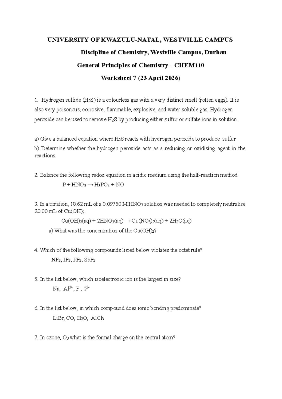 CHEM110 General Principles of Chemistry Worksheet 7 - Studocu