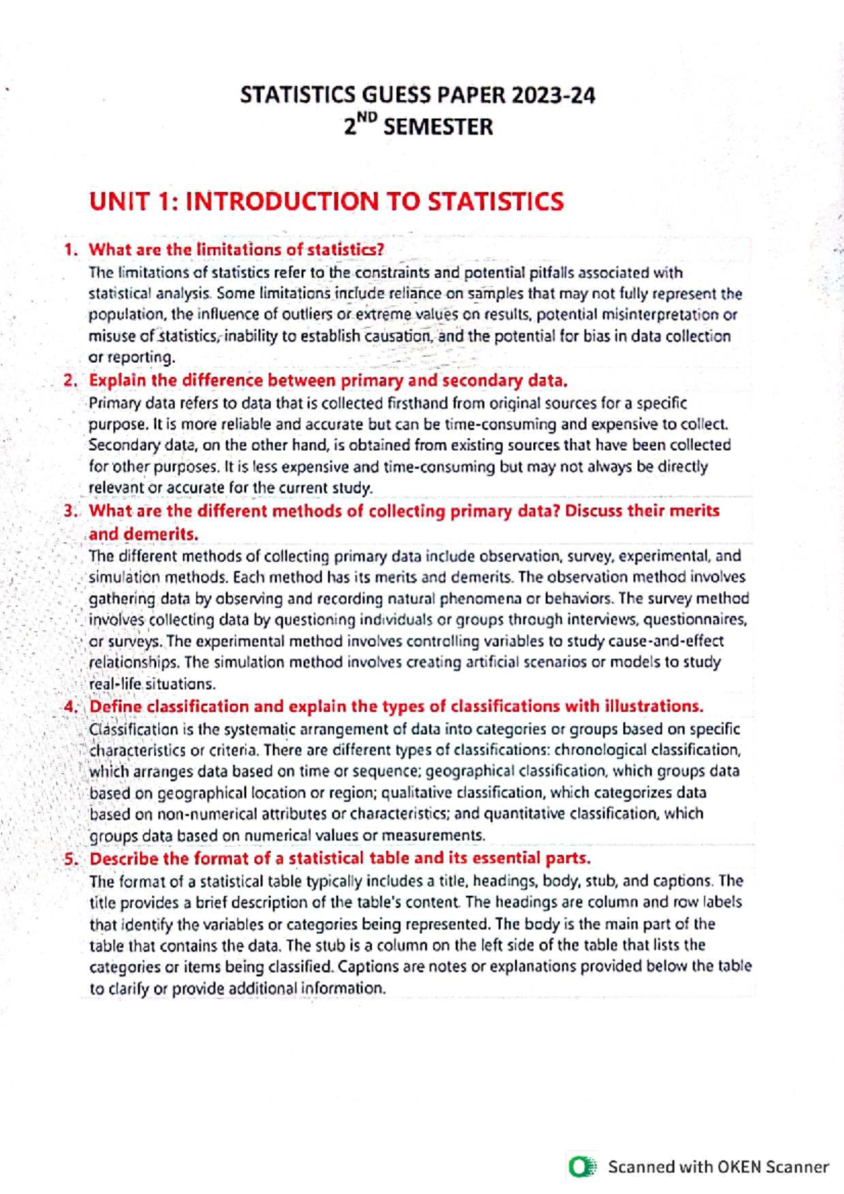 STATISTICS 2ND SEMESTER GUESS PAPER: INTRO TO STATISTICS & MEASURES ...