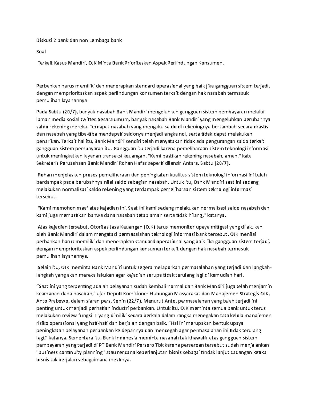 Tugas Tutorial EKSI 4205: Bank dan Lembaga Keuangan Non-Bank - Studocu