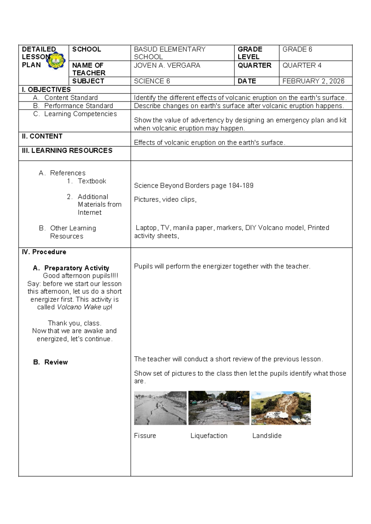 Grade 6 Science Detailed Lesson Plan: Volcanic Eruptions Effects - Studocu